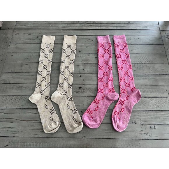 Gucci | Accessories | Gucci Gg Lam Monogram Metallic Tall Socks Lot ...